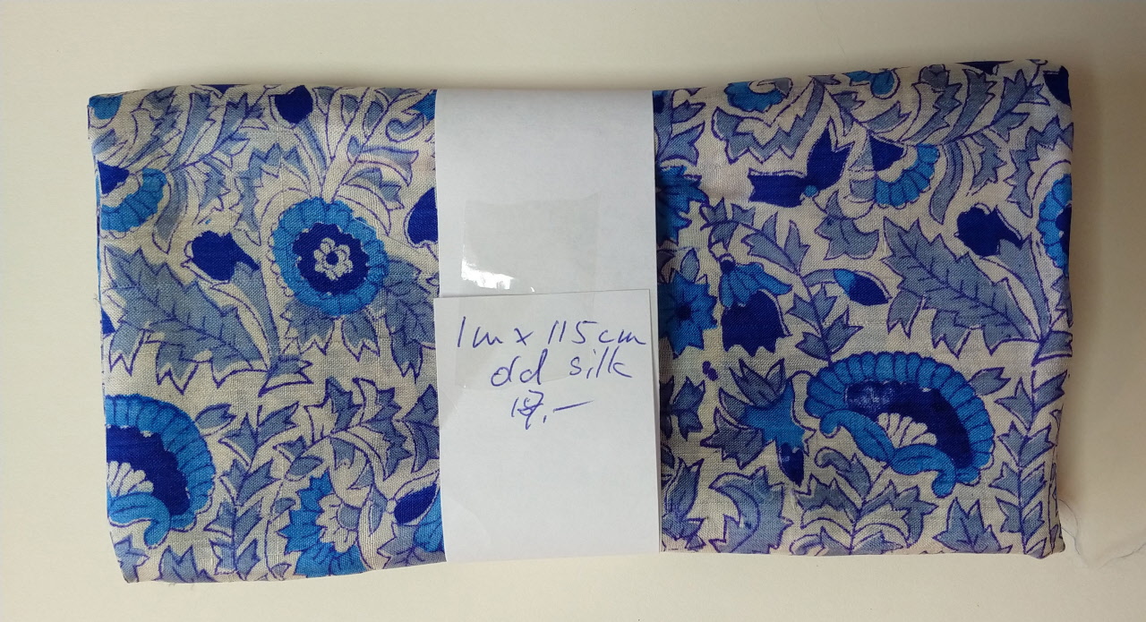 Silk-059, 100 x 115, very old, crisp, thin, blues/ecru | Silk-059